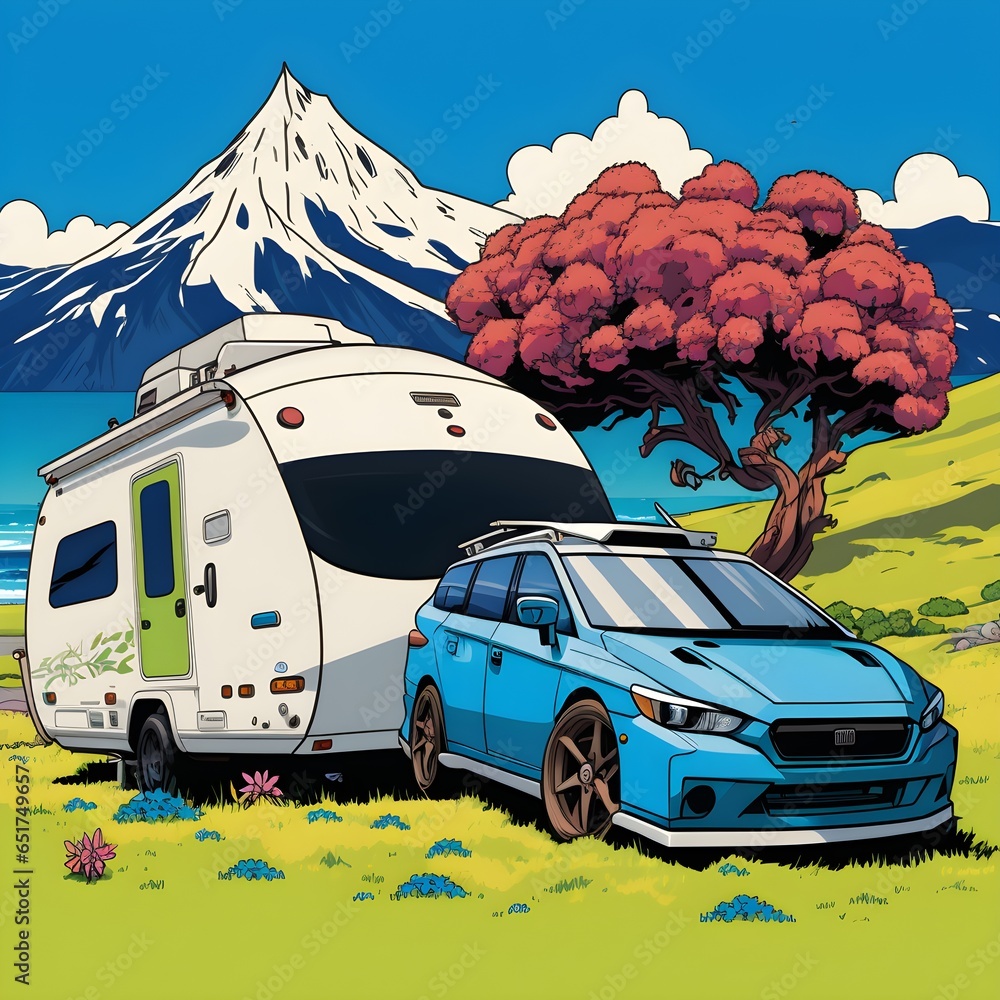 subaru impreza with a caravan 1 axle background surrounded with ...