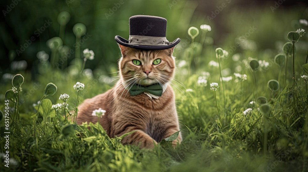 Steampunk tabby cat wearing a top hat and bow tie in a field generative ...
