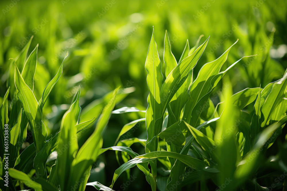 This close-up captures vibrant green biofuel crops like corn or ...