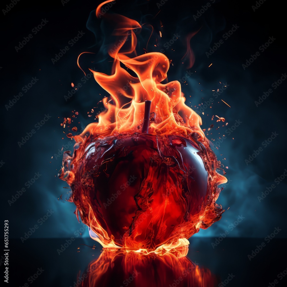 Red apple on fire, isolated on black, concept image, environmental and ...