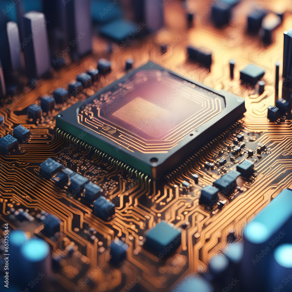 closeup on an advanced microchip or cpu of a powerful computer board ...