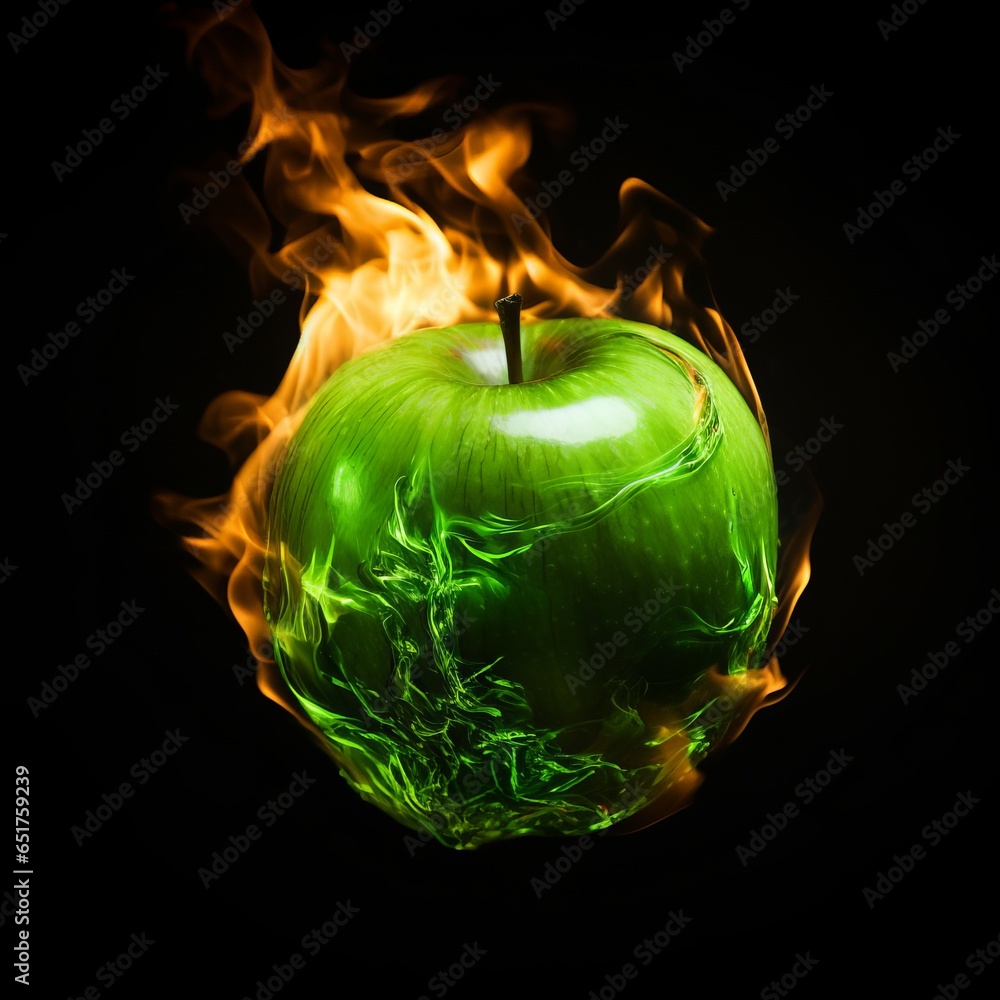 Green apple on fire, isolated on black, concept image, environmental ...
