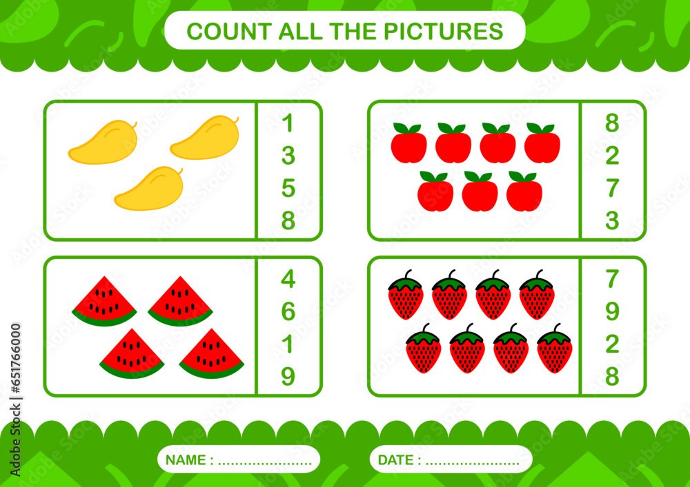 Printable worksheet Number count and match with fruits for Kindergarten ...