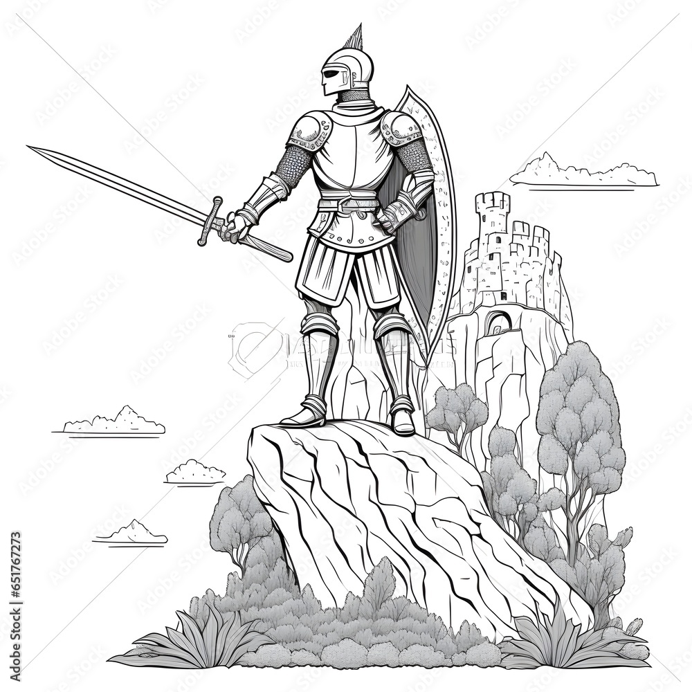 knight standing on a cliff with sword in hand in black and white ...