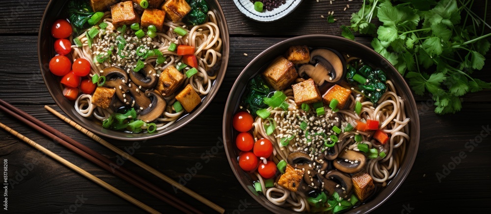 Vegetarian soba noodle soup with vegan protein sources like mushrooms ...