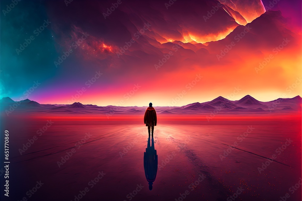 behind view of traveller walking into the distance across the horizon ...