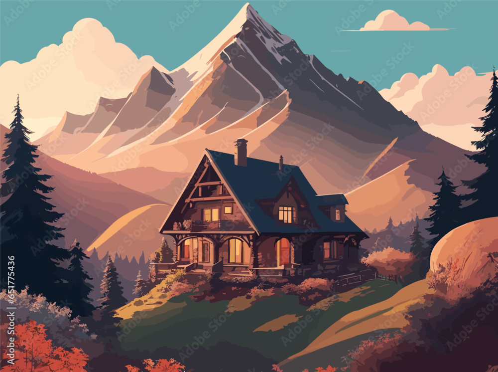 Visualize a complex vector composition of a mountain landscape at dawn ...