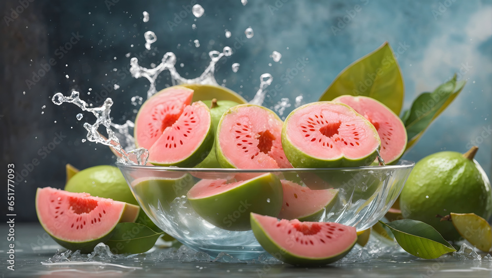 Guava fruit and Guava slices with leaf water splash in bowl. Image is ...