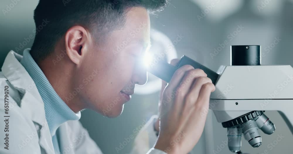 Scientist, man and data analysis, microscope and investigation for ...