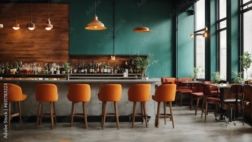 Modern interior in dark cafe with bar and chairs with concrete walls ...