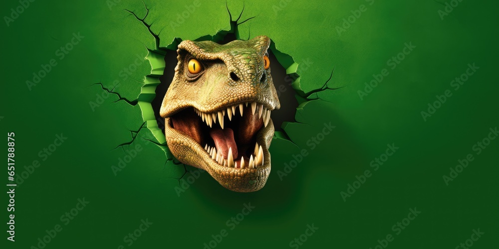 Cute T-Rex peeking out of a hole in wall, torn hole, empty copy space ...