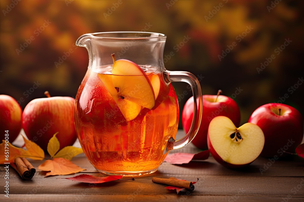 Pitcher of apple cider surrounded by autumn leaves, with the vibrant ...