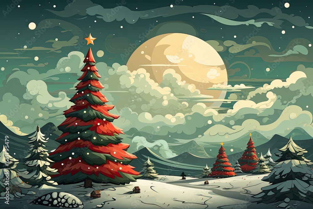 christmas tree in the forest, christmas card design background, drawing ...
