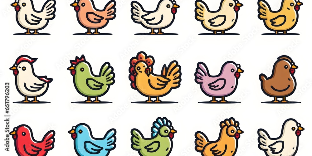 simple 2d vector illustration for a set of colored chickens vector thin ...