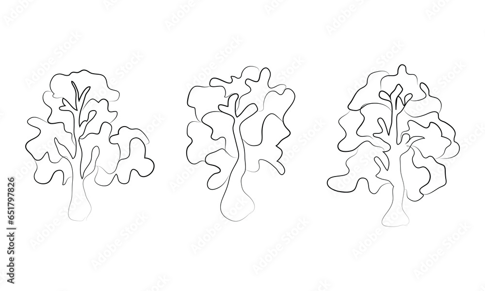 Line art various trunks and foliage of plants, forest trees. Sketch ...