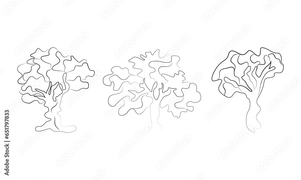 Vetor de Line art various trunks and foliage of plants, forest trees ...