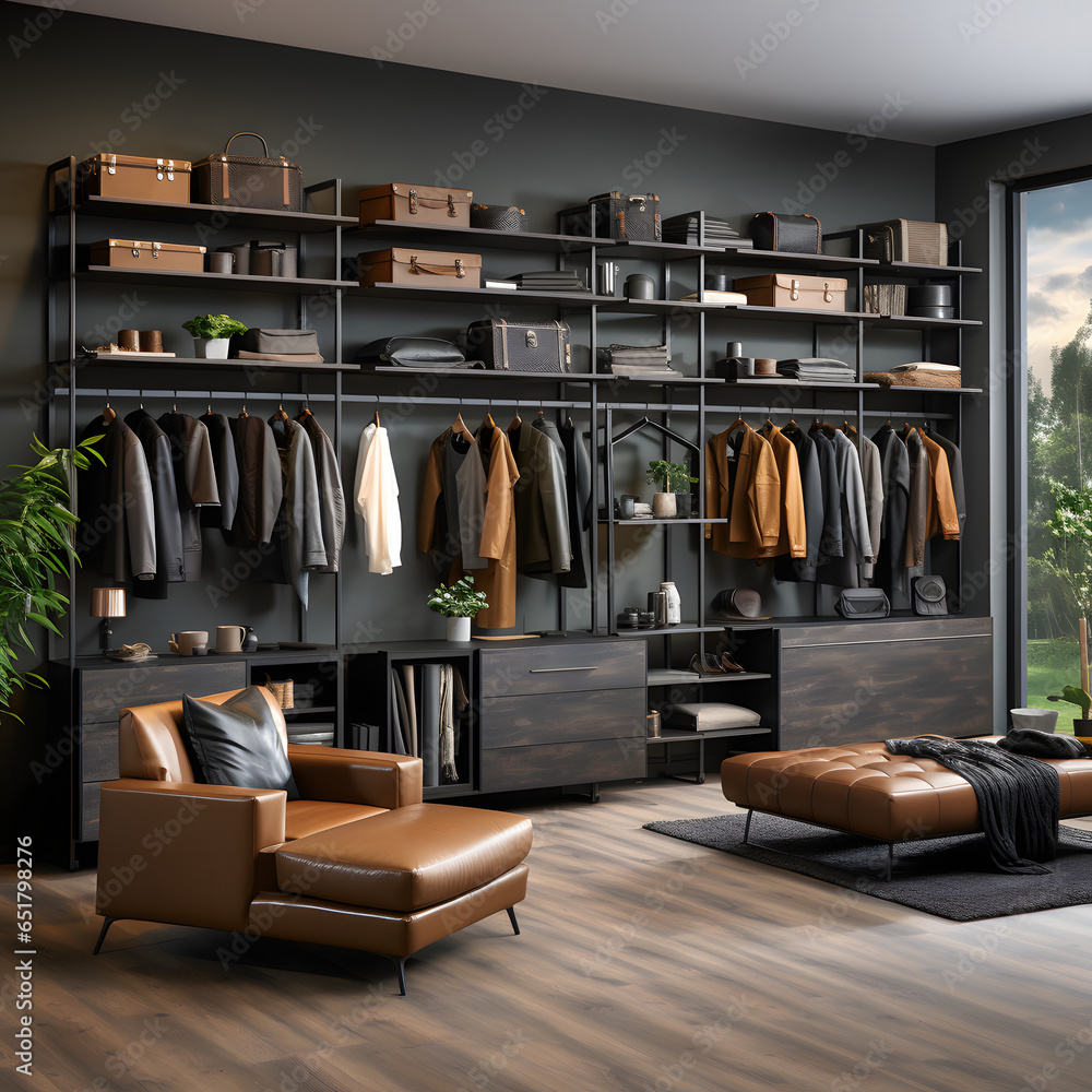 Modern minimalist men walk in wardrobe with clothes hanging on rods ...