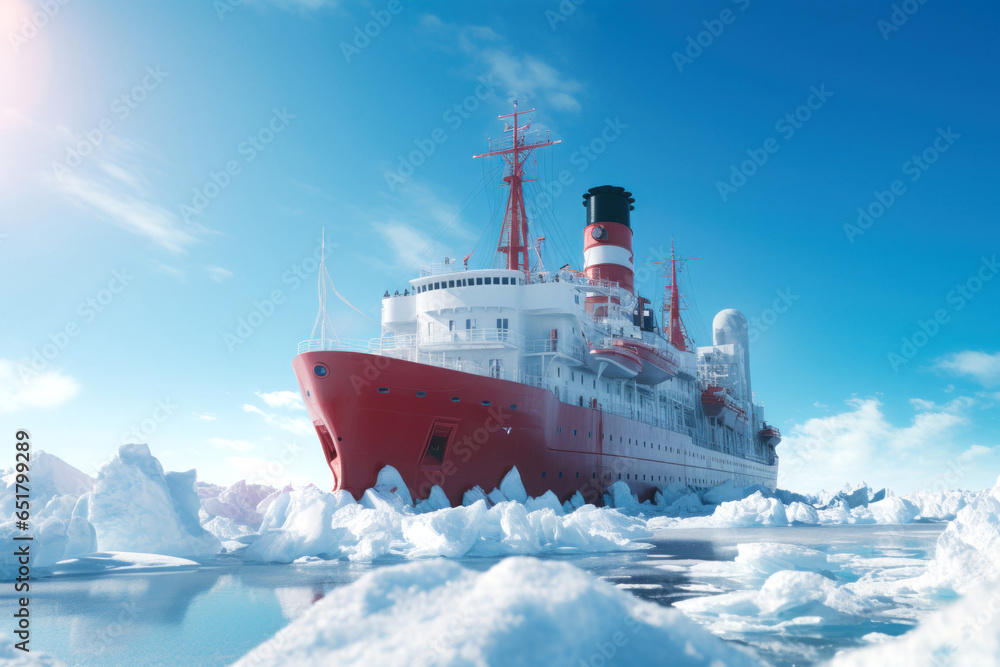 ship sails through the ice of the Arctic Ocean,northern lights,view ...