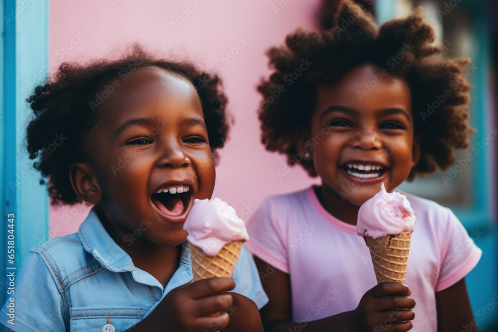 Two happy dark skinned children eating ice cream Summer, vacation ...