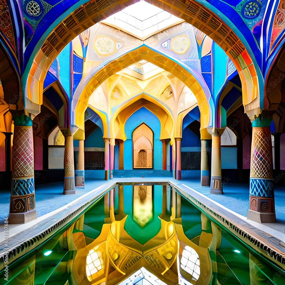 Nasir al-Mulk Mosque (Pink Mosque) reflected in pool in the middle of ...