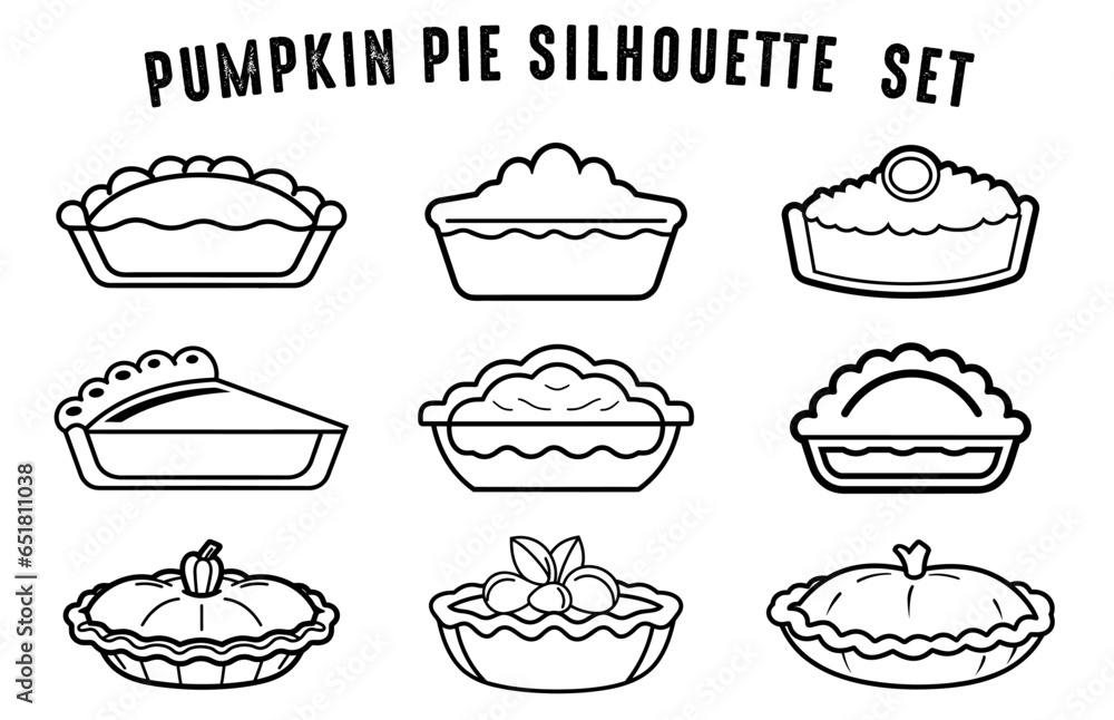 Vetor de Pumpkin Pie outline vector Silhouette set, A slice a whole pie ...