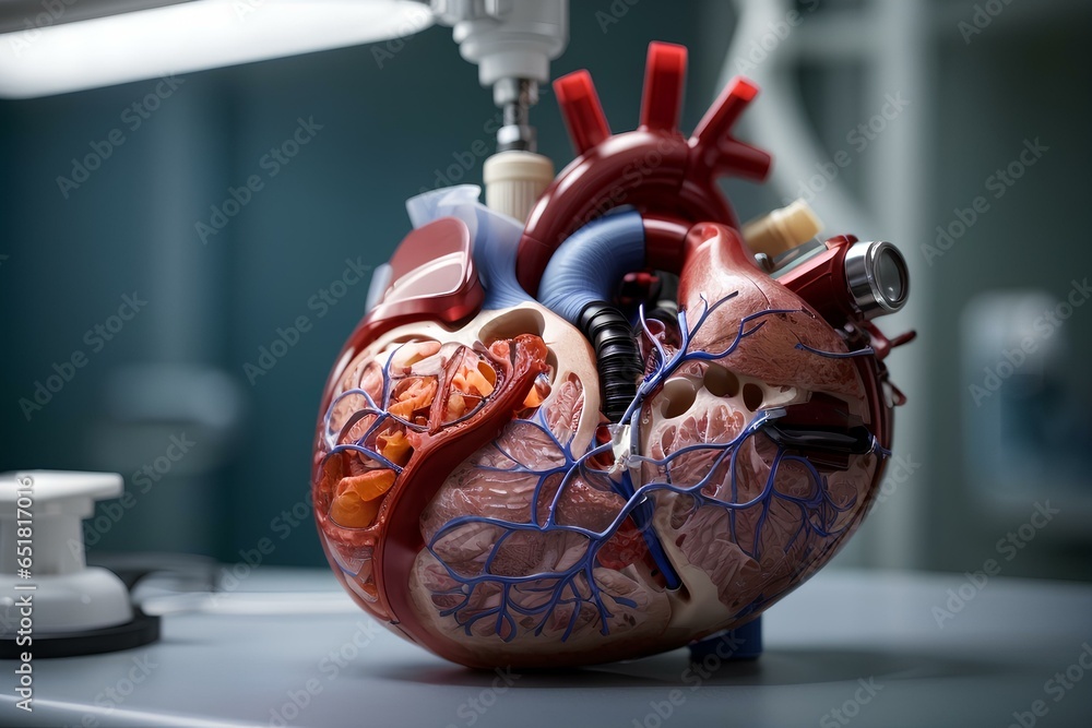 A realistic 3D model of a human heart on a laboratory table, showing ...