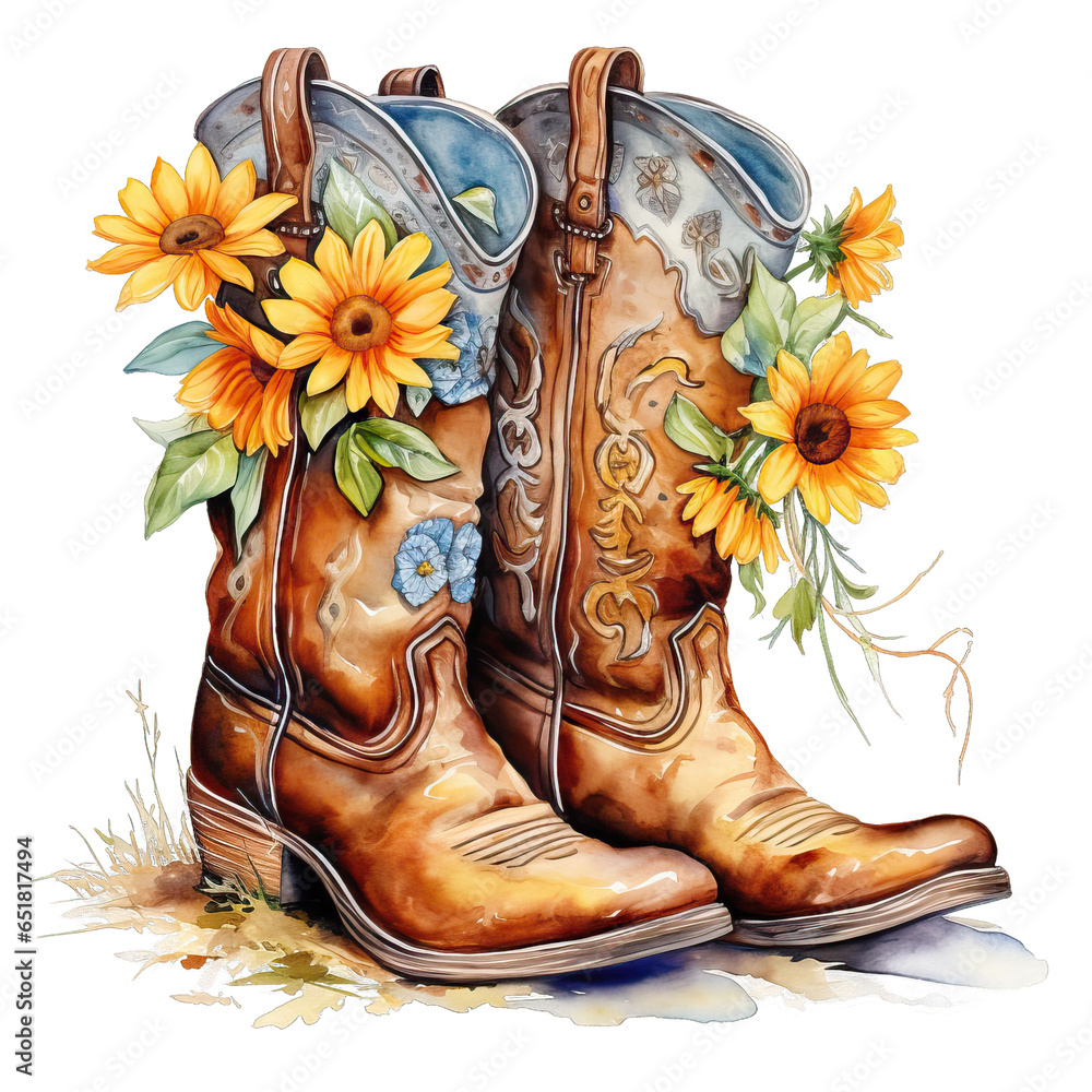 Watercolor cowboy boots with flowers clipart isolated background Stock ...