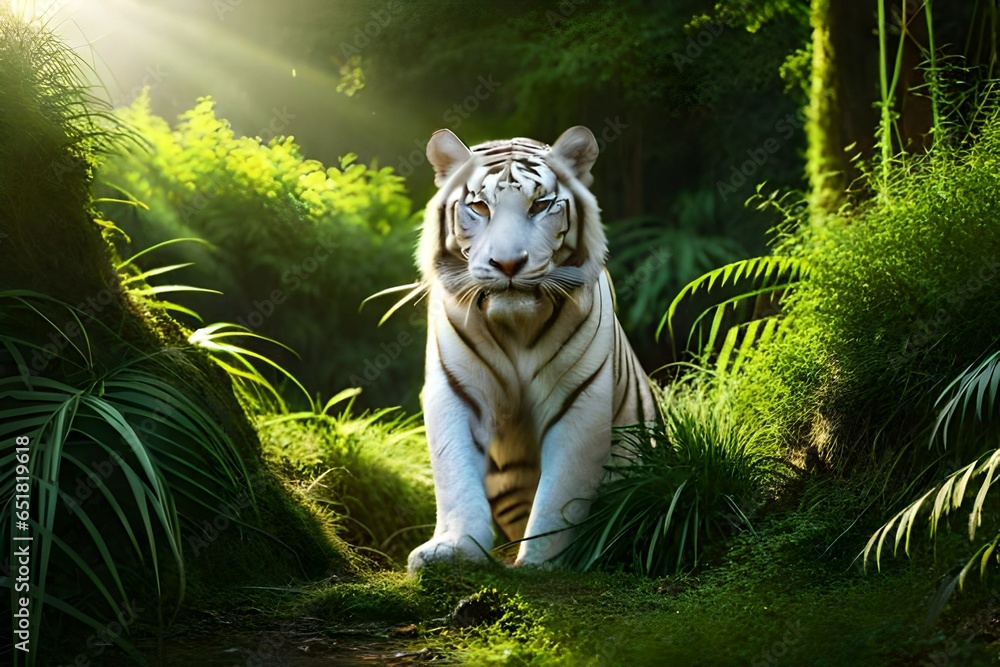 A majestic white Bengal tiger in a dense emerald jungle, sunlight ...