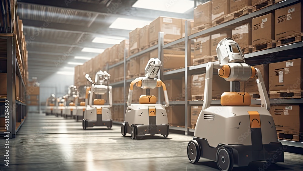 Robot factory working in the production line at distribution warehouse ...