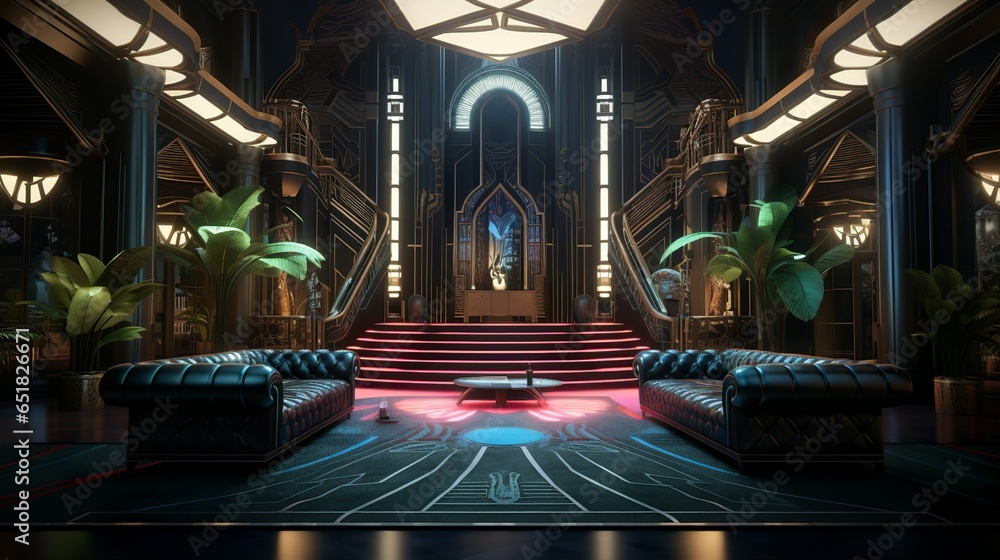 Art deco style futuristic throne room hall interior with a tibetian ...