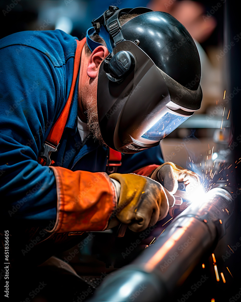 Welder wearing a face mask, busy with welding together metal structure ...
