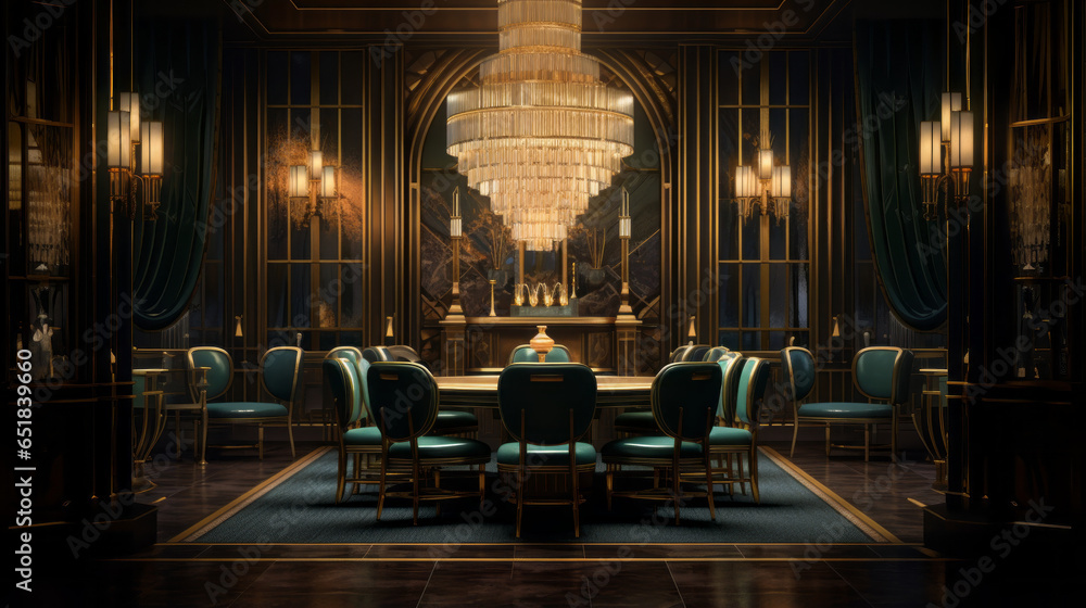 A 1920s speakeasy-inspired dining room with art deco lighting, velvet ...
