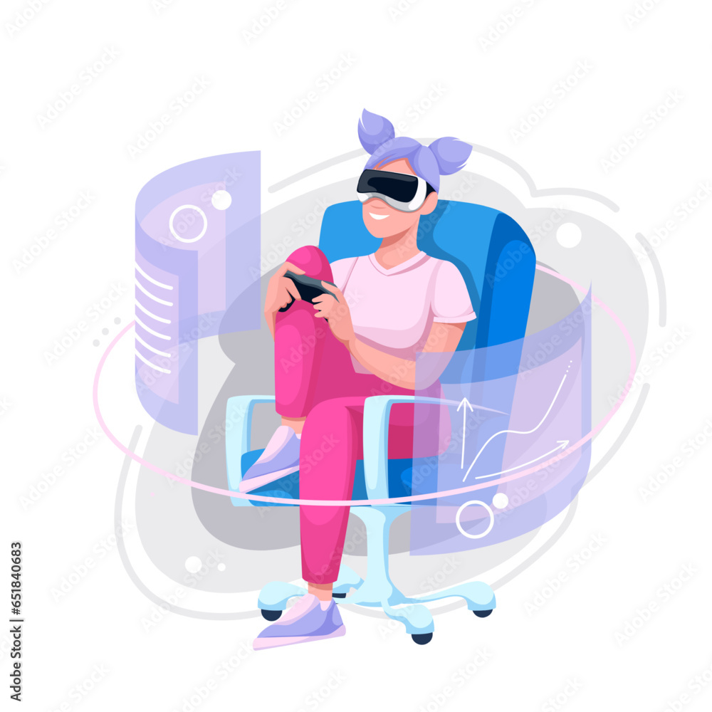 Virtual reality for play and work vector illustration. Cartoon happy ...