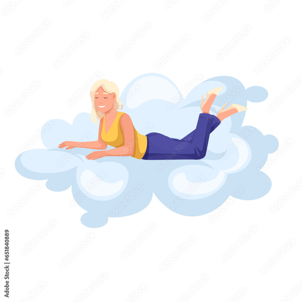 Happy woman relaxing on cloud vector illustration. Cartoon isolated ...