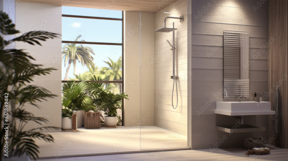 A bathroom with a walk-in shower, dual rainfall showerheads, mosaic ...