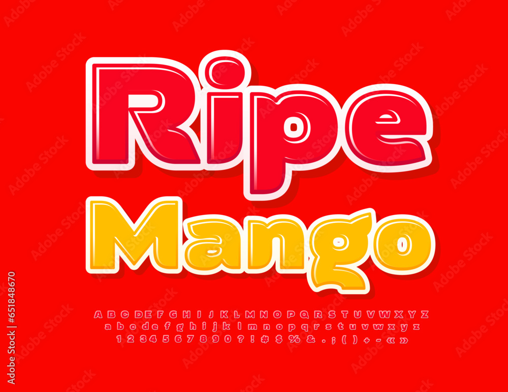 Vector bright emblem Ripe Mango. Red glossy Font. Artistic set of ...