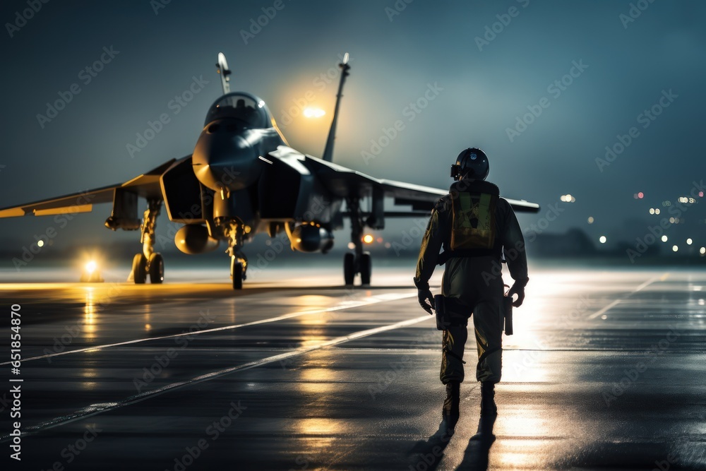 Back view of a fighter pilot standing in front of his a fighter jet on ...