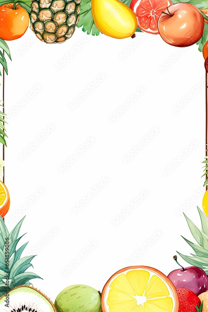 Various fruits frame on white background (vertical view), hand drawn ...