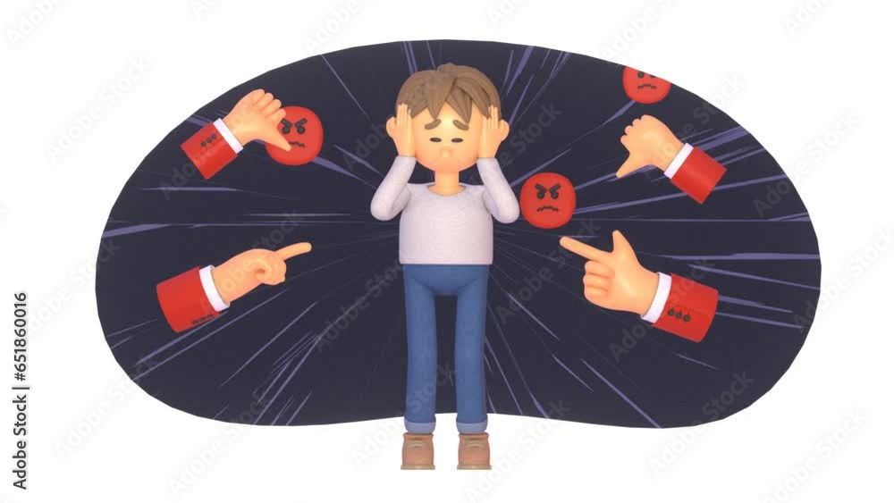 3d animation of man or a boy in stress, hands pointing at him, cyber ...