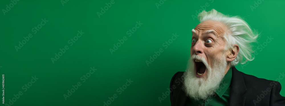 Angry and frustrated old man expresses emotions by screaming on a green ...