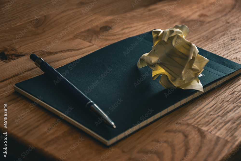 Notebook for writing notes. Lined notebook with blue boards and yellow ...