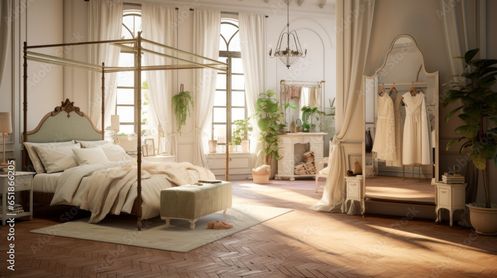A bedroom with a four-poster canopy bed, silk curtains, a vanity table ...