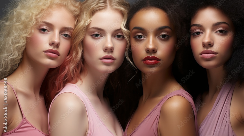 Female models of different skin colors and nationalities pose together ...