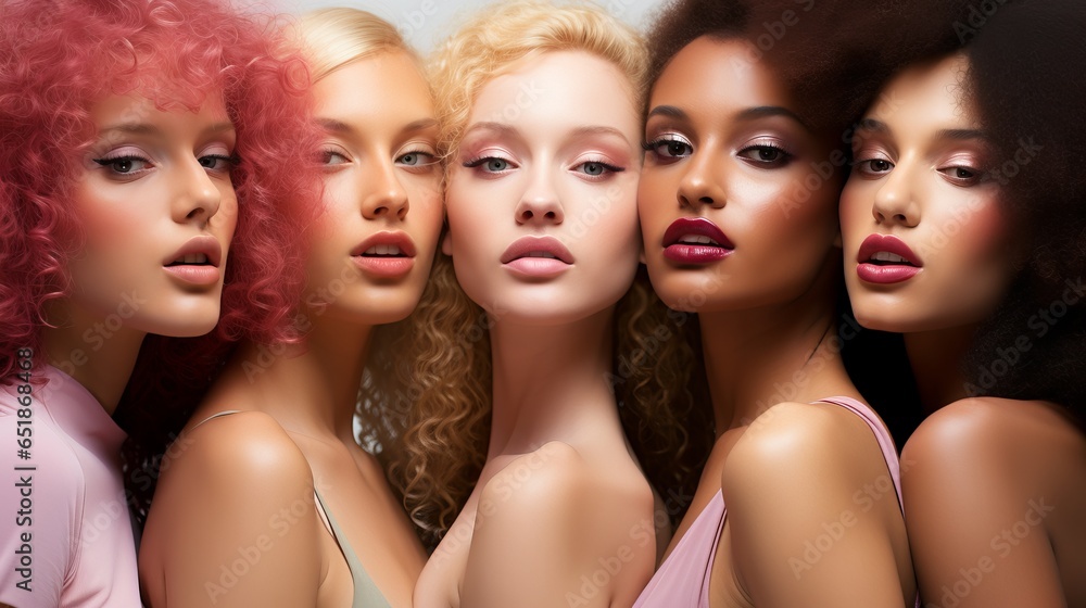 Female models of different skin colors and nationalities pose together ...