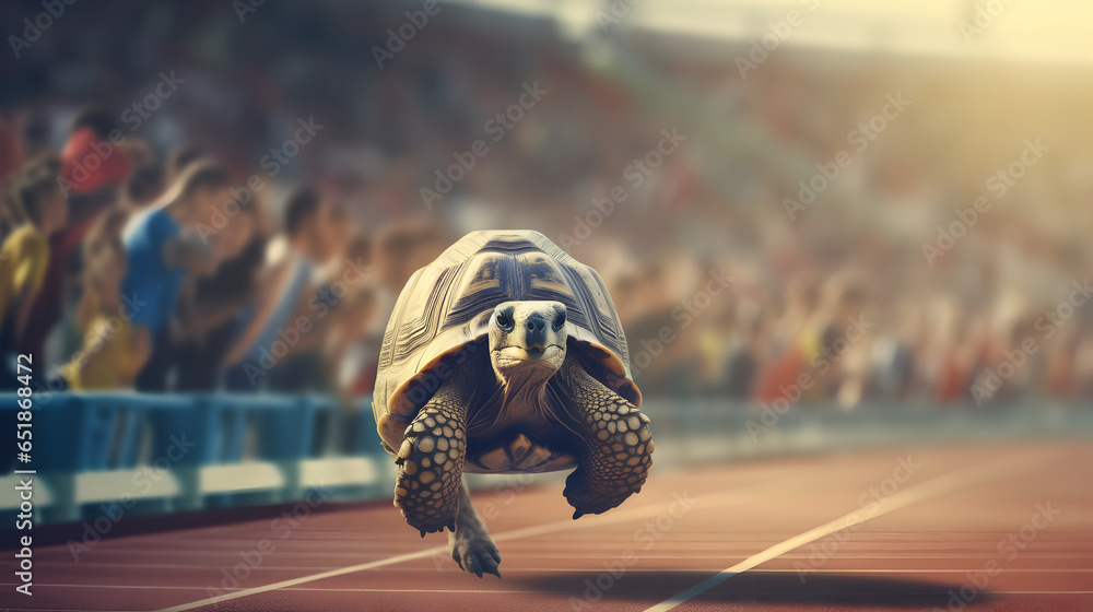 Tortoise wins the race, Tortoise and the Hare race concept Stock Photo ...