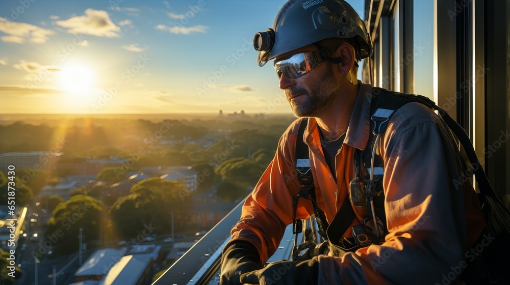 Skyscraper window cleaner, a dangerous profession at height with a ...