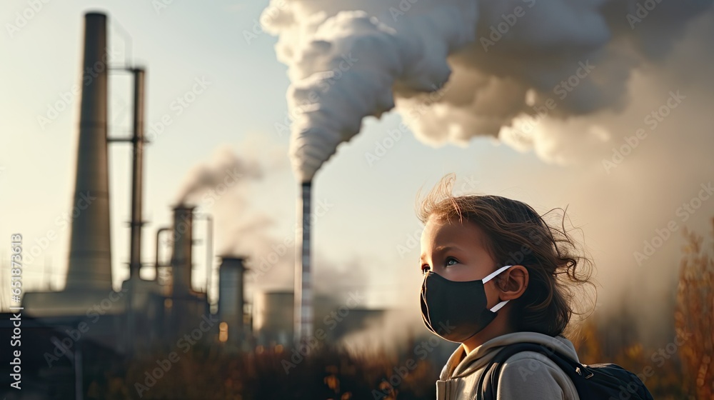 Children wearing masks to prevent air pollution Behind is the factory smokestack. Stock Photo ...