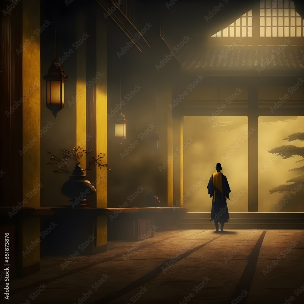 Japanese temple interior with a brooding young Japanese male monk ...