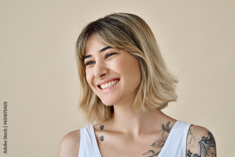 Smiling blond pretty happy girl beauty female generation z model with ...