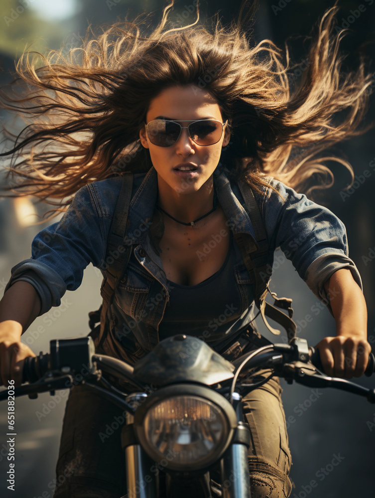 A beautiful young woman biker rides a motorcycle at full speed down the ...